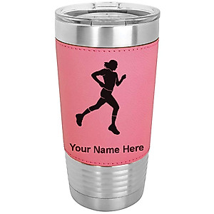 LaserGram 20oz Vacuum Insulated Tumbler Mug, Running Woman, Personalized Engraving Included (Faux Leather, Pink)