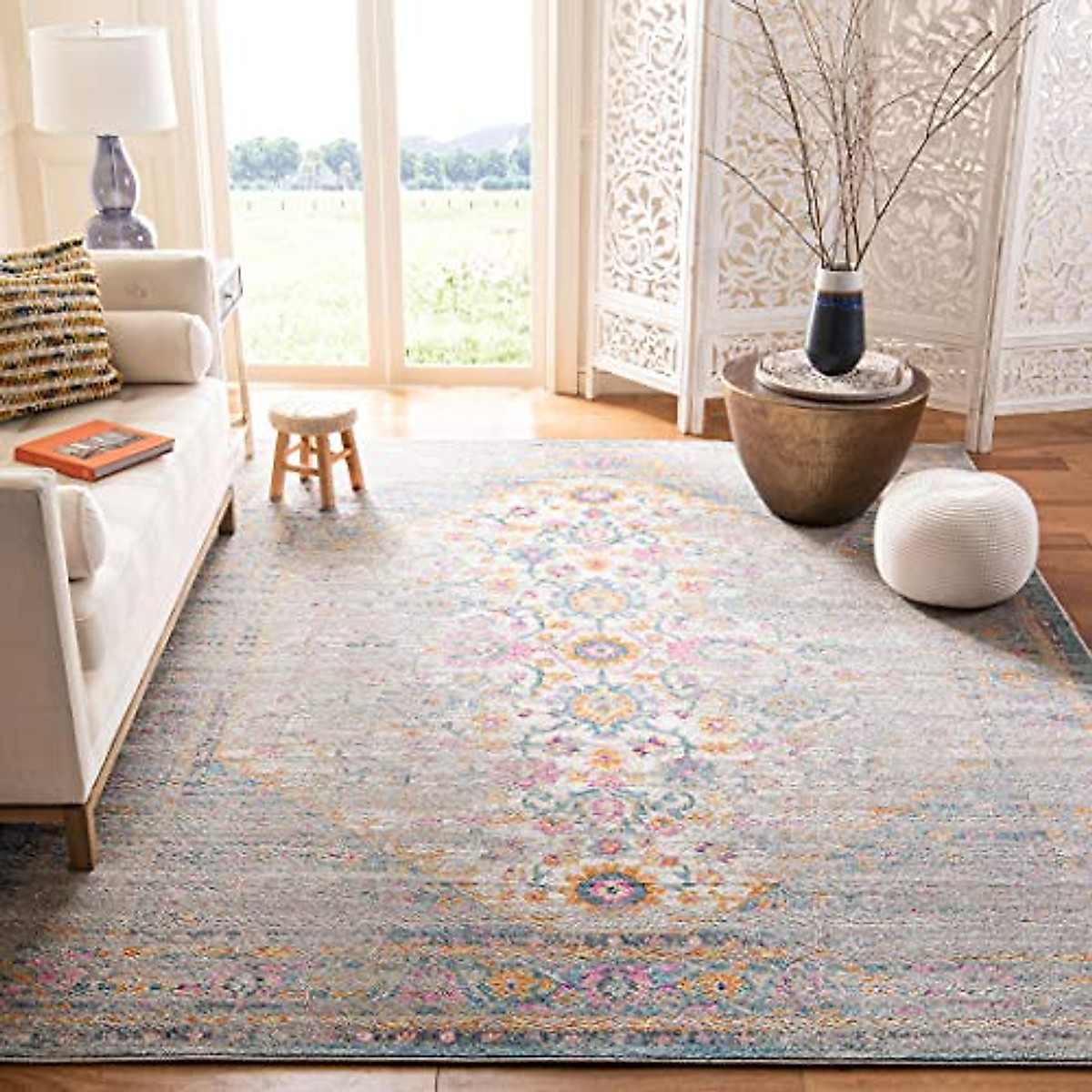 SAFAVIEH Madison Collection Accent Rug - 3' x 5', Light Grey & Fuchsia, Boho Chic Distressed Design, Non-Shedding & Easy Care, Ideal for High Traffic Areas in Entryway, Living Room, Bedroom (MAD122G)
