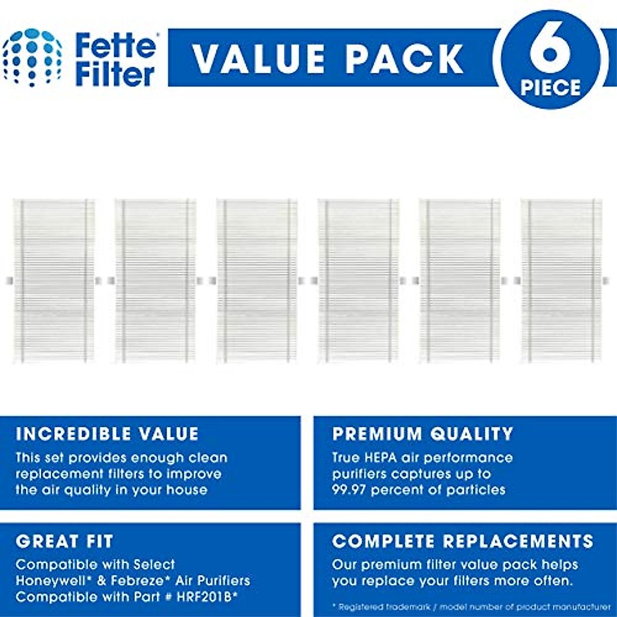 Fette Filter - Replacement Filter U Compatible with Honeywell HEPAClean U Filter HRF201B and Febreze FRF102B For HHT270, HHT290 & Febreze FHT170, FHT180, FHT190 - Pack of 6