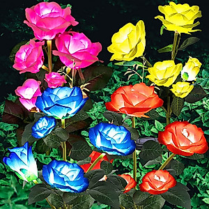 ANGMLN 4 Pack Solar Garden Lights, Solar Flower Lights Outdoor Waterproof with 20 Head Rose 7-Color Changing Landscape Lights for Garden Yard Pathway Patio Grave Cemetery Decoration