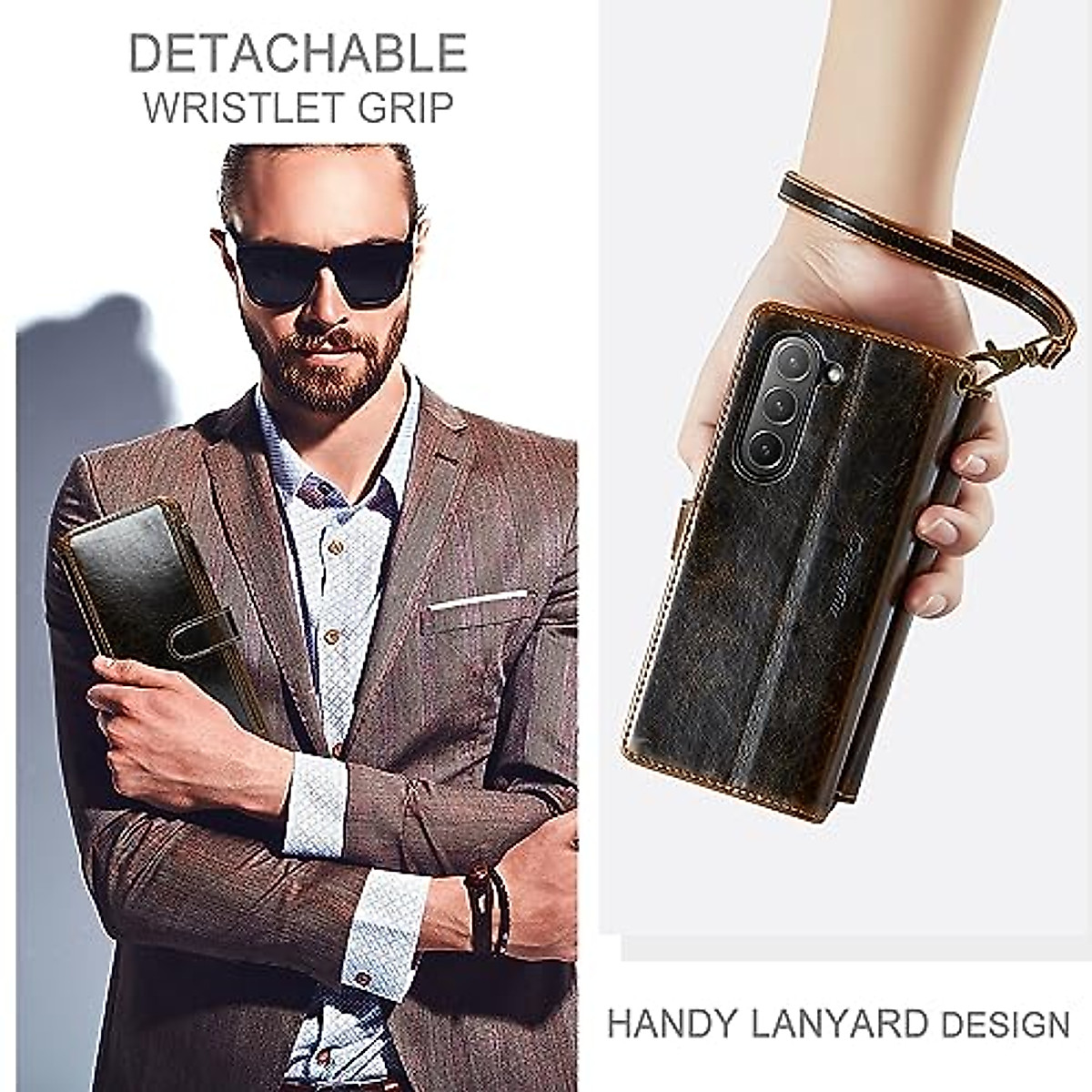 CaseMe for Samsung Galaxy Z Fold 5 Case with S Pen Holder, Z Fold 5 Wallet Case with Card Holder for Women Men, RFID Blocking Kickstand Zipper Shockproof Phone Case for Galaxy Fold 5, Luxury Coffee