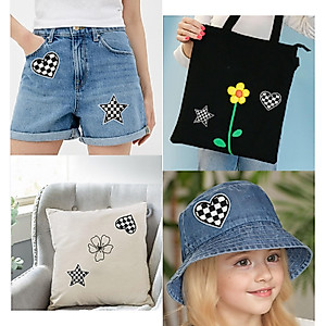 16Pcs Black&White Checkered Heart&Star Western Iron on Embroidered Set, Contains 8 Heart Patches and 8 Star Patches, Black&White Embroidered Sew on Patch Applique Embellishments for Jeans, Hat