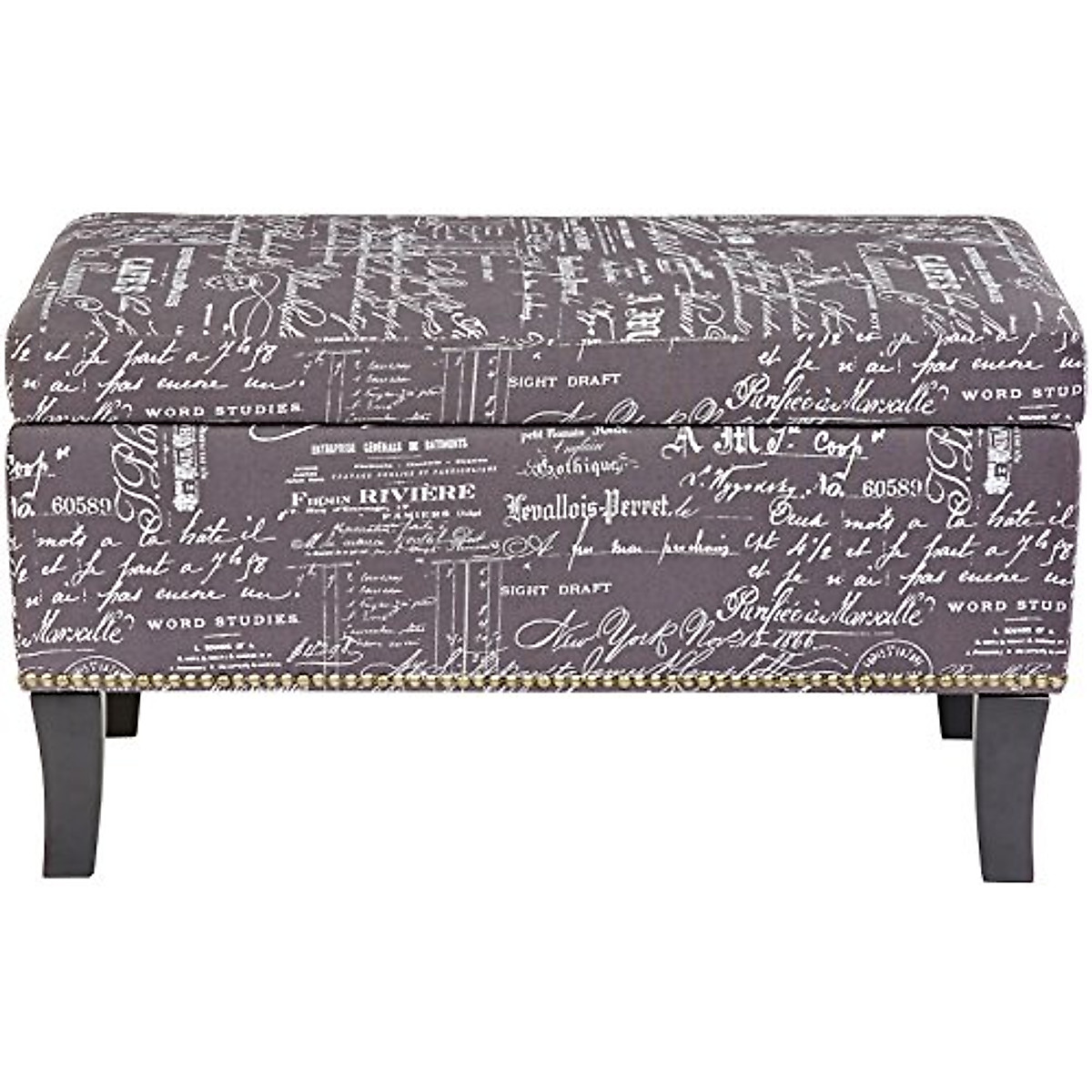 FIRST HILL FHW Endora Rectangular Fabric Storage Ottoman with Script-Style Pattern - Storm Grey