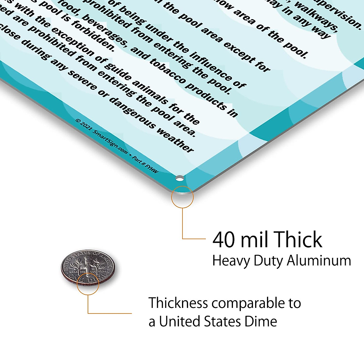 SmartSign 14 x 10 inch “Pool Rules - Shower Before Entering, Glass Prohibited, No Spitting…” Metal Sign, Screen Printed, 40 mil Laminated Rustproof Aluminum, Blue, Black and White, Made in USA