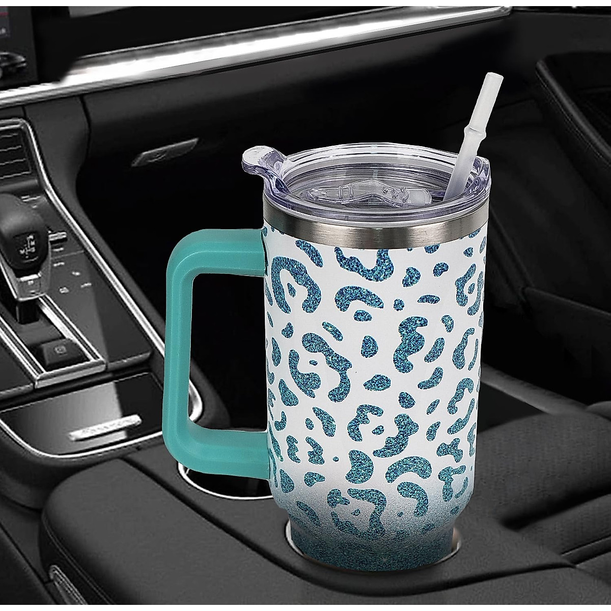 Rcvlauf 40oz Tumbler with Handle and Straw Leopard Tumbler Leak Proof Insulated Cup 40oz Mint Green Leopard Coffee Travel Mug Leopard Decor Stuff Gifts for Women
