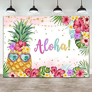 Wollmix Hawaiian Aloha Party Decorations Birthday Backdrop Banner 7x5ft Summer Tropical Beach Photography Background Baby Shower Glitter Gold Dots Floral Pineapple Photo Booth Studio Props Cake Table