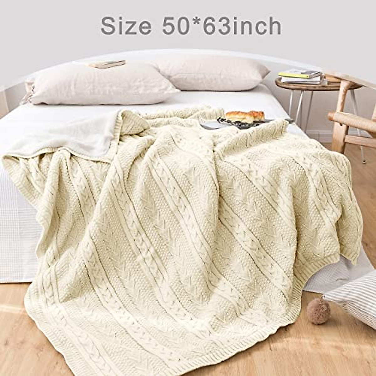 Beige Knit Sherpa Blanket Cotton Throw Blanket with Sherpa Lining Double Sided Reversible Winter Blanket Super Soft, Warm, Elegant, Plush, Cozy for Couch, Sofa, Bed Home Decor 50 x 63 inch