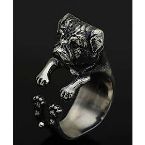 Pug Dog Adjustable Biker Ring With Black Spinel Gemstone 925 Sterling Silver (Silver, 6)
