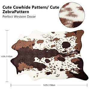 FALARK INC Premium Faux Cowhide Rug, 4.6ft x 5.2ft Cow Print Rugs for Living Room Bedroom, Cute Animal Print Carpet Western Home Decor Rug, Upgraded Non-Slip Soft Cow Skin Rugs, Brown and White