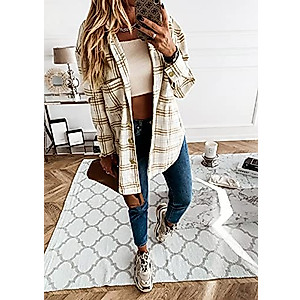 PRETTYGARDEN Women's 2023 Fall Clothes Plaid Shacket Jacket Long Sleeve Button Down Flannel Shirts Fashion Blouse(Plaid Khaki,Large)