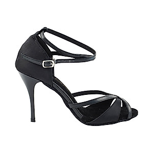 Very Fine Dance Shoes - Ladies Latin, Rhythm, Salsa, Waltz Ballroom Dance Shoes - 2829LEDSS - 3.5-inch Heel and Foldable Brush Bundle - Black Satin - Black Trim - 7.5