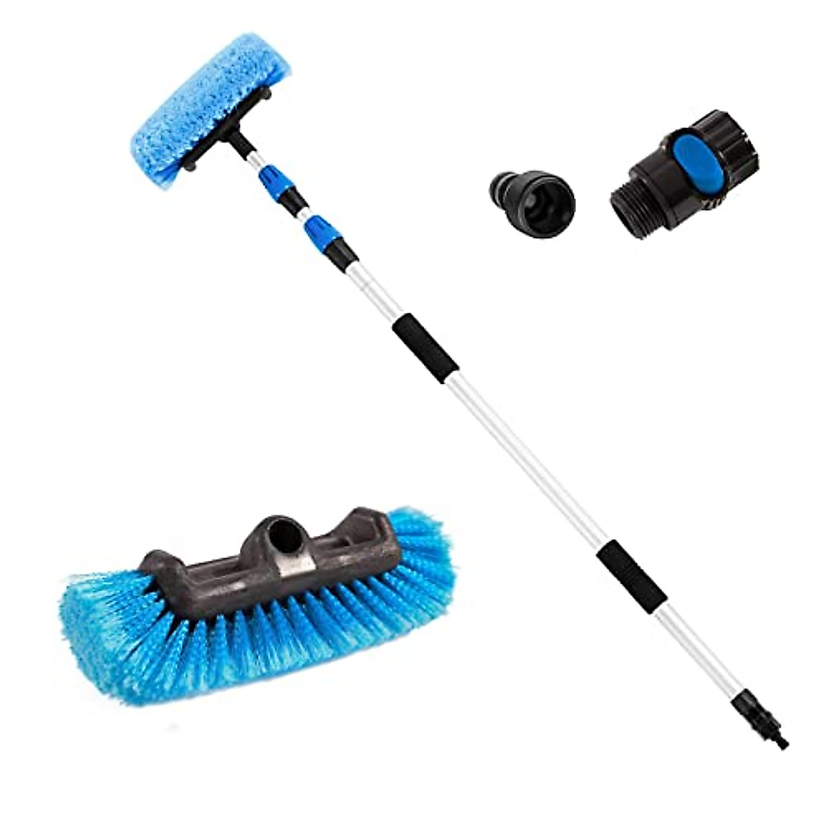 Car Wash Brush with Long Handle(5FT-11FT),12" Blue Brush Head,Water Flow Extension Pole with an ON/OFF Switch,Car Washing Brush with Hose Attachment for Car,Truck,SUV,RV and Other Surface Cleaning