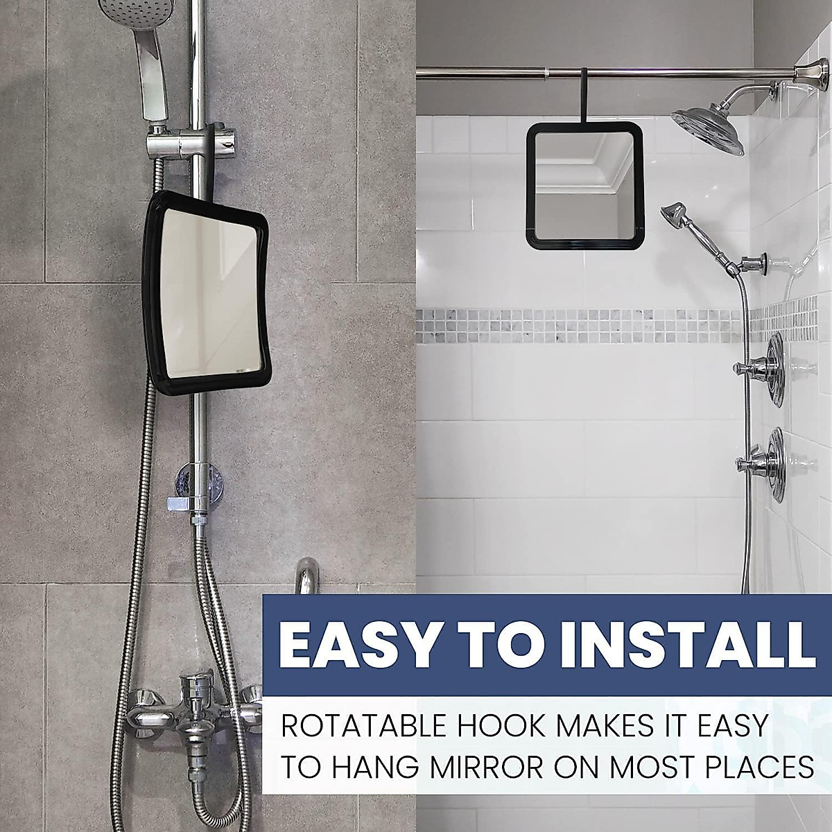 MIRRORVANA Hanging Fogless Shower Mirror for Shaving with 360° Rotatable Swivel Hook - Anti Fog and Shatterproof 6.3" x 6.3" Surface (Black)