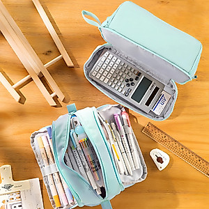 Large Capacity Pencil Case 4 Compartments, Pencil Case with Zipper Portable Handle, Aesthetic Pencil Case Stationery Organizer for Office College School Teen Girl Boy Men Women (Light Green)