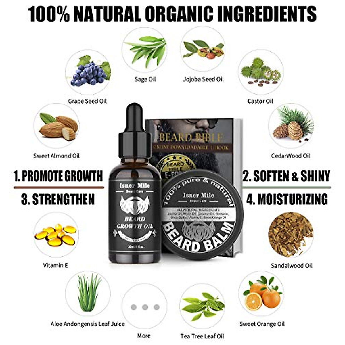 Beard Growth Kit, Derma Roller Kit, Natural Beard Growth Oil for Patchy Beard, Beard & Mustache Facial Hair Growth, Conditioner Balm, Handmade Comb, Storage Bag, Gifts for Men Him Dad Father Boyfriend