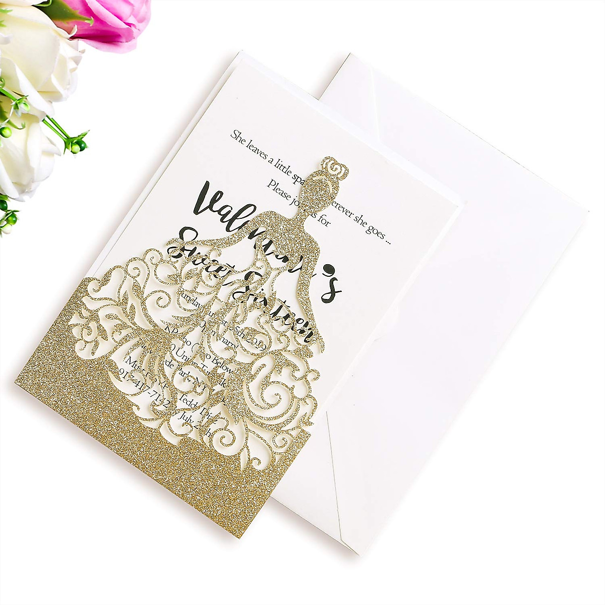 ponatia 25PCS Crown Gold Glitter Quinceanera Invitations, Laser Cut Invitations Cards With Envelopes, Printable Inner Sheets For Birthday, Baby Shower, Quinceañera Party Invite, XV Años, Quince