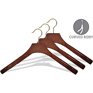Deluxe Wooden Coat Hanger with Walnut Finish and Brass Swivel Hook, Large Contoured Jacket Hanger with 2 Inch Wide Shoulders (Set of 12) by The Great American Hanger Company