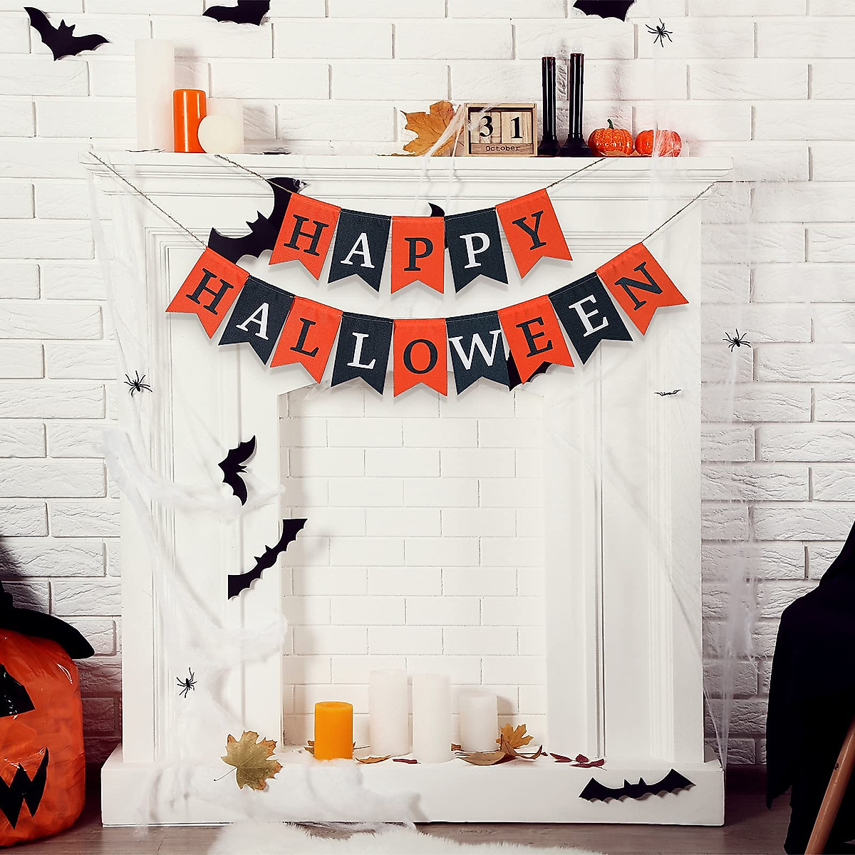 Happy Halloween Banner Halloween Decoration Fabric Banner Garland with String Light for Fireplace Decorative Halloween Black Orange Banner Halloween Flag Party Mantel Hanging Decoration Supplies