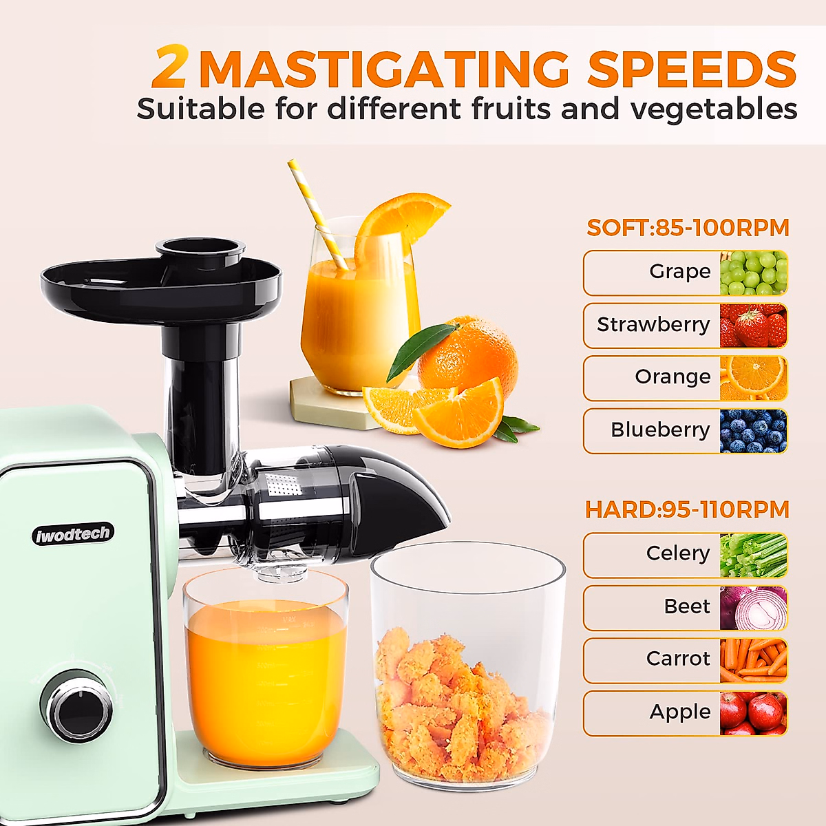 IWODTECH Juicer Machine, Cold Press Juicer with 2 Speed Modes, Slow Masticating Juicer Vegetable and Fruit, Celery Juicer, BPA-Free, Easy to Clean, Matcha Green