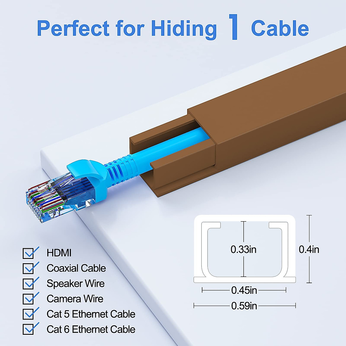 Yecaye 125in Brown Cord Hider - One-Cord Channel Cord Cover on Wall - Cable Management Kit - Wire Covers for Cords - Brown Cable Raceway - 8X L15.7in W0.59in H0.4in, CMC03 Brown