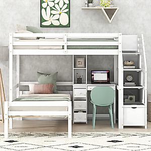 BIADNBZ Twin Over Twin Bunk Bed with Desk, Stairs, Storage Drawers and Shelves, Wood L-Shaped Bunkbed with Convertible Design, for Kids Teens Bedroom, White
