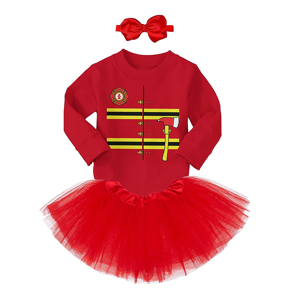 Firefighter Outfit - Firetruck Long Sleeve Toddler T-Shirt + Tutu Skirt + Bow Headband Set (Long Sleeve Red T-Shirt/Red Tutu, 4T)