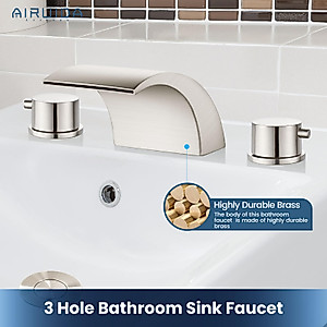 Airuida Widespread Waterfall Bathroom Sink Faucet, Brushed Nickel 8 Inch Widespread Bathroom Faucet with Pop Up Drain, 8 Inch 2-Handle 3 Holes Lavatory Vanity Sink Faucet with Quick Install Pipe