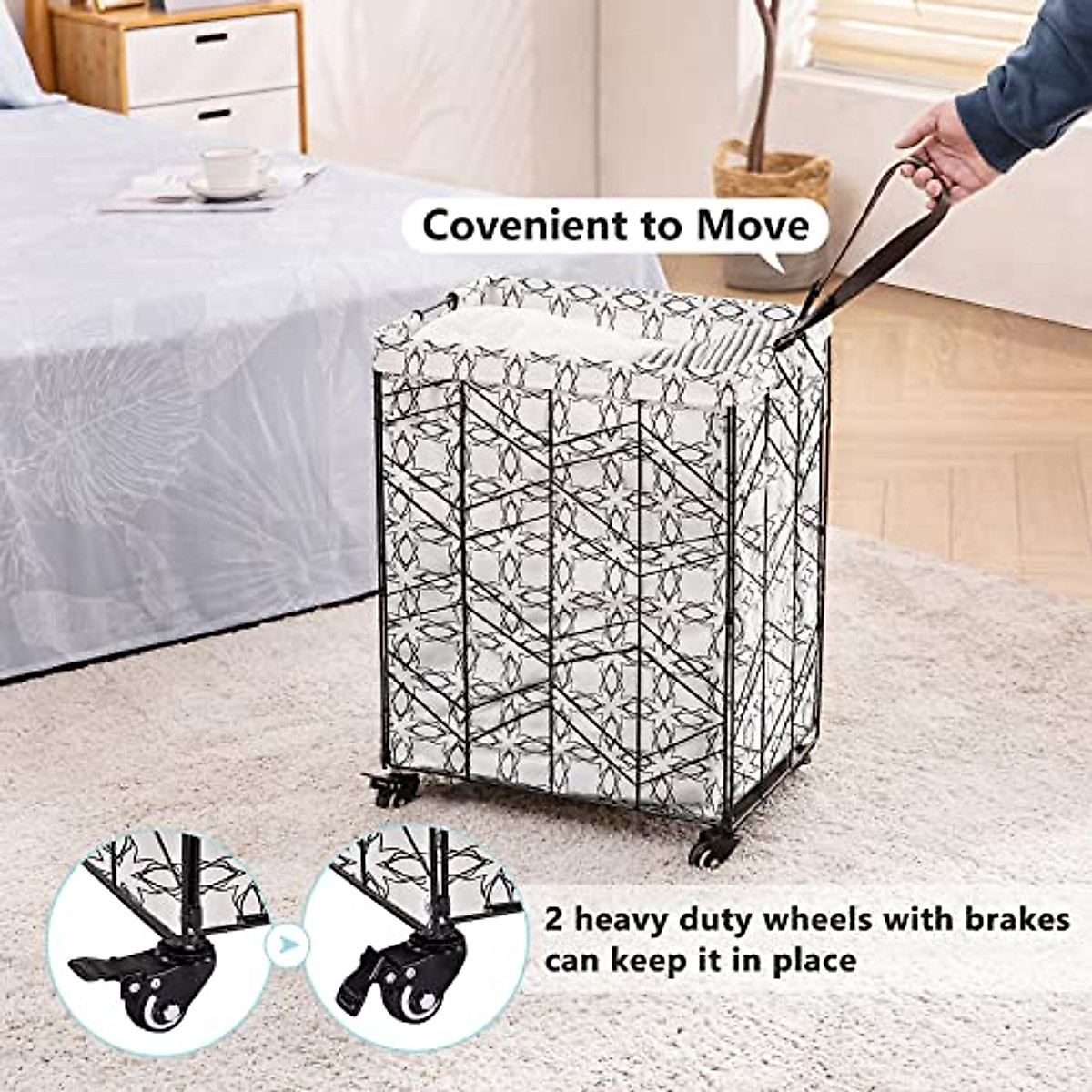 TECHMILLY Rolling Laundry Basket with Lockable Wheels, Large Laundry Hamper with Wood Lid, Metal Laundry Basket Organizer with Detachable Liner, Collapsible Clothes Hamper with Rope Handle, White