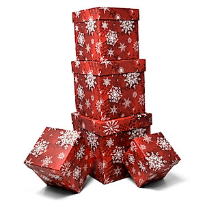 Gift Boutique Christmas Nesting Gift Boxes Square 5 Pack Red & White Snowflakes Design Christmas Stacked Gift Box with Lids in 5 Assorted Sizes for Gift Giving Holiday Decorative Gifts Wrapping