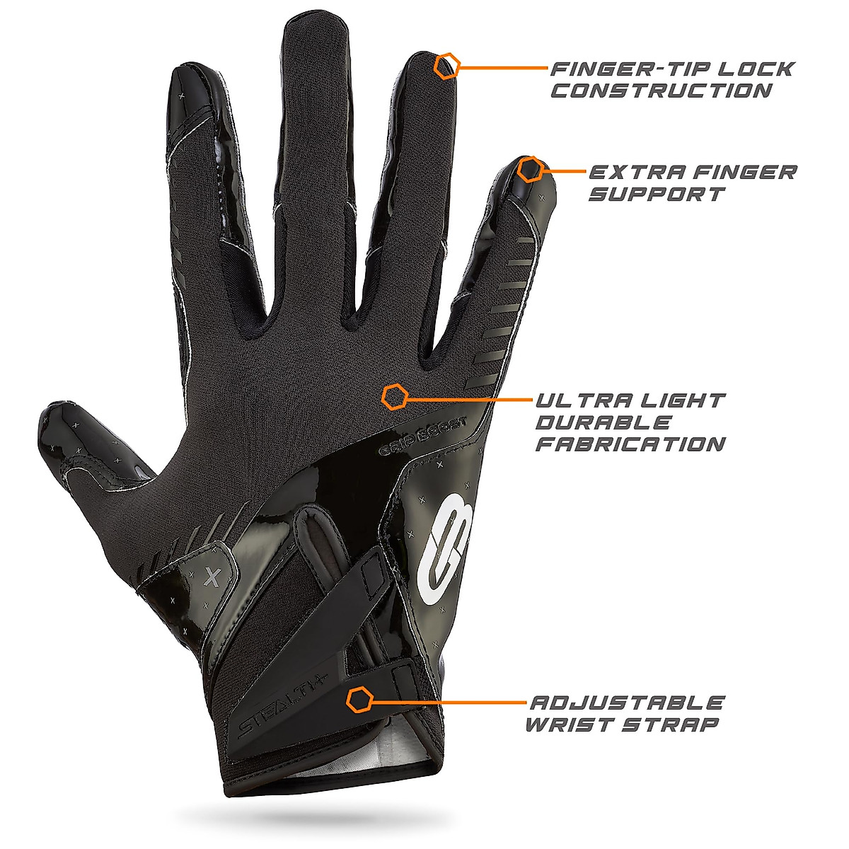 Grip Boost Football Gloves Solid Stealth 6.0 Boost Plus Men's Receiver Gloves - Adult and Youth Sizes (Solid Black, X-Large)