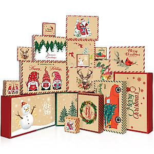 LANLISA 18 Kraft Christmas Gift Boxes with Lids, Bulk Gift Boxes for Presents Decorative Shirt Box for Xmas Holiday - 4 Sizes and 12 Designs with Gift Tag Stickers