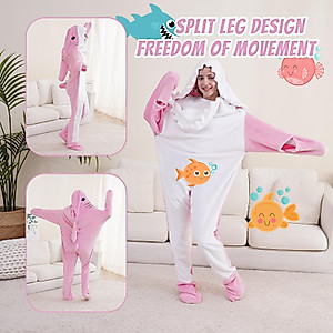 Shark Blanket for Adult Kids - Wearable Shark Blanket Hoodie,Cartoon Animals One-piece Blanket,Cute Funny Blue Shark Flannel Hoodie for Boys Girls Interesting Blanket Gifts(New Pink)-M