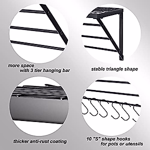 Clastyle 3 Tier Hanging Pot Rack for Kitchen Wall Mounted Pot and Pan Holder with 10 Hooks Stainless Steel Kitchenware Pot Saucepan Hanger, Matte Black