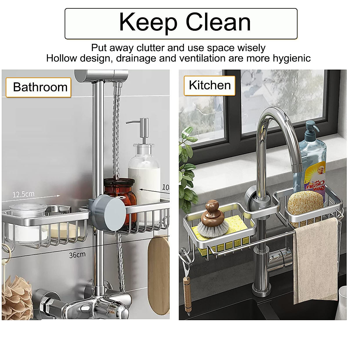 SIMCAS Sponge Holder for Kitchen Sink, Over The Sink Shelf Sponge Caddy, Stainless Detachable Faucet Drain Rack for Kitchen Sink Organizer and Storage, Bathroom (Double with Dishcloth Rack, Silver)