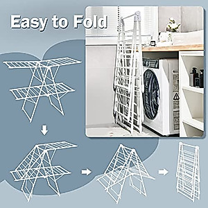 COSTWAY Clothes Drying Rack, 2-Tier Folding Dryer Racks w/Height-Adjustable Wings, 28 Drying Rails, No Assembly, Collapsible Laundry Hanger for Indoor & Outdoor Use, White