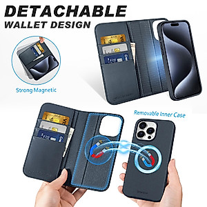 SHIELDON Case for iPhone 15 Pro 5G, Genuine Leather Detachable 2 in 1 Wallet Kickstand RFID Blocking Card Holder Magnetic Shockproof Wireless Charging Case Compatible with iPhone 15 Pro - Navy Blue