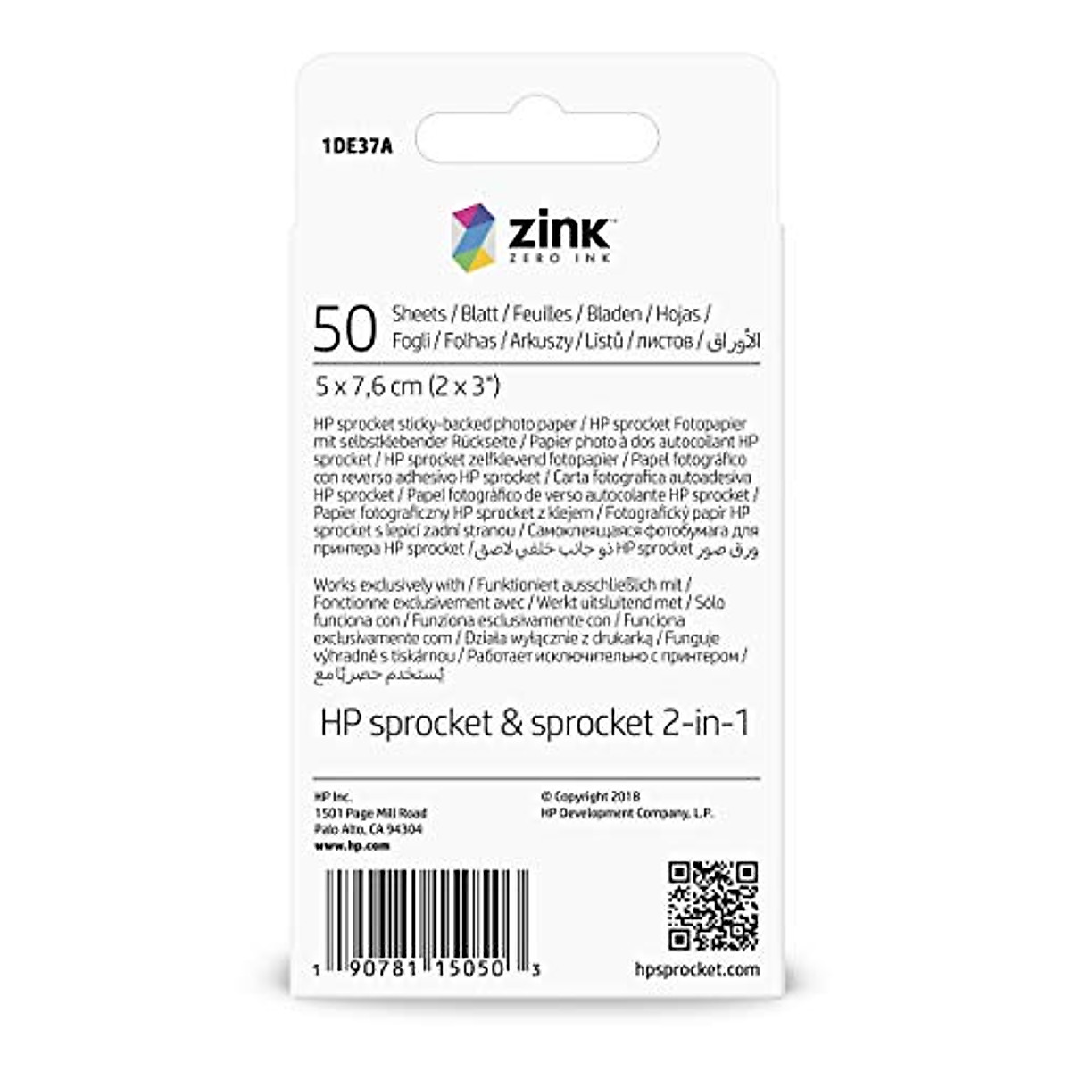 HP 1DE37A, 5 x 7.6 cm/2 x 3 Inch, Sprocket Photo Paper Sticky-Backed, 290 GSM, 50 Sheets