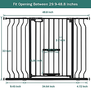 Newnice Upgraded Baby Gate with Cat Door 29.9-48.8" Extra Wide, Tall Dog Gate for The House Doorways Stairs, Auto Close Walk Thru Safety Gate with Small Pet Door, Pressure Mounted Child Gate, Black