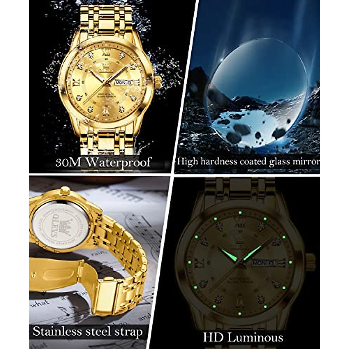 OLEVS Gold Watches for Men Luxury Stainless Steel Man Watch Roman Numerals Gold Men's Wrist Watch Waterproof Dress Analog Big Face Easy to Read Reloj De Hombre