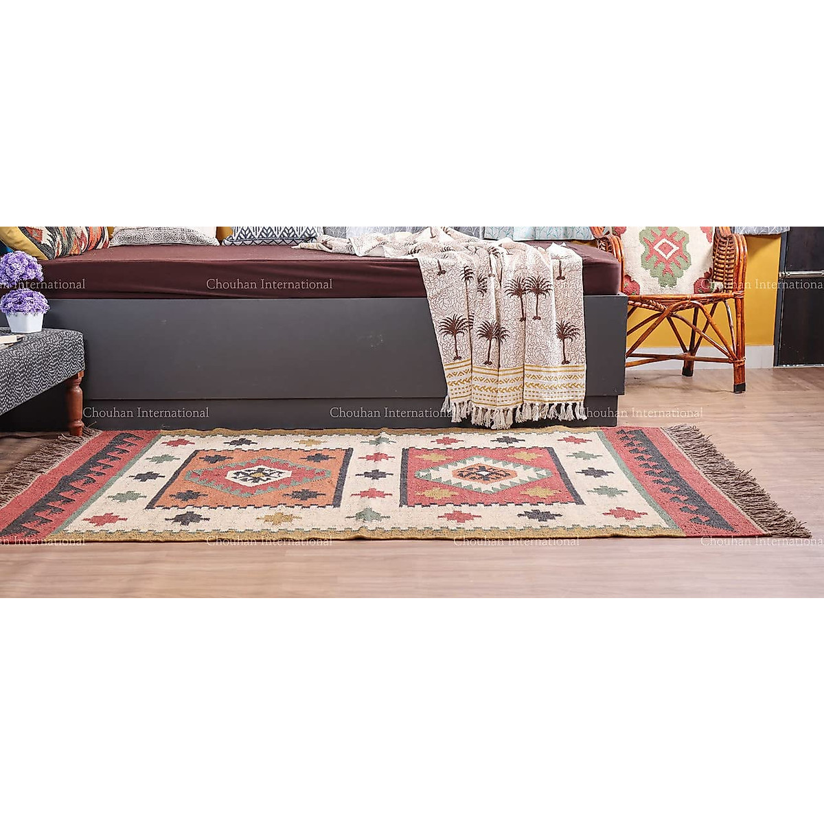 Chouhan International Kilim Rug Wool Jute Rug, Kilim Dhurrie Wool and Jute Rug Handmade for Living for Room (8x10 Ft) KLM- 11