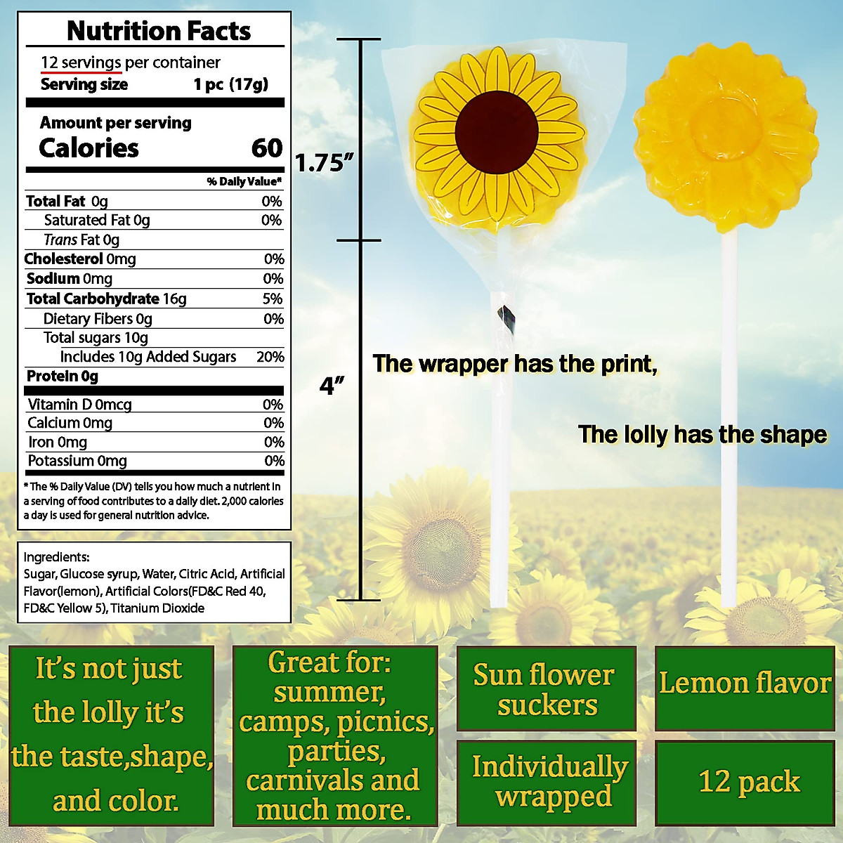 Sunflower Lollipops Suckers, Summer Birthday Party Candy Favors, Yellow Floral Decoration Lollipop, Set of 12 Individually Wrapped