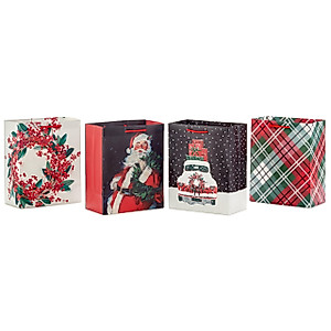 Hallmark 9" Medium Christmas Gift Bag Bundle (4 Bags: Traditional Santa, Holly Wreath, Snowy Red Car, Red and Green Plaid) for Friends, Coworkers, Teachers, Neighbors