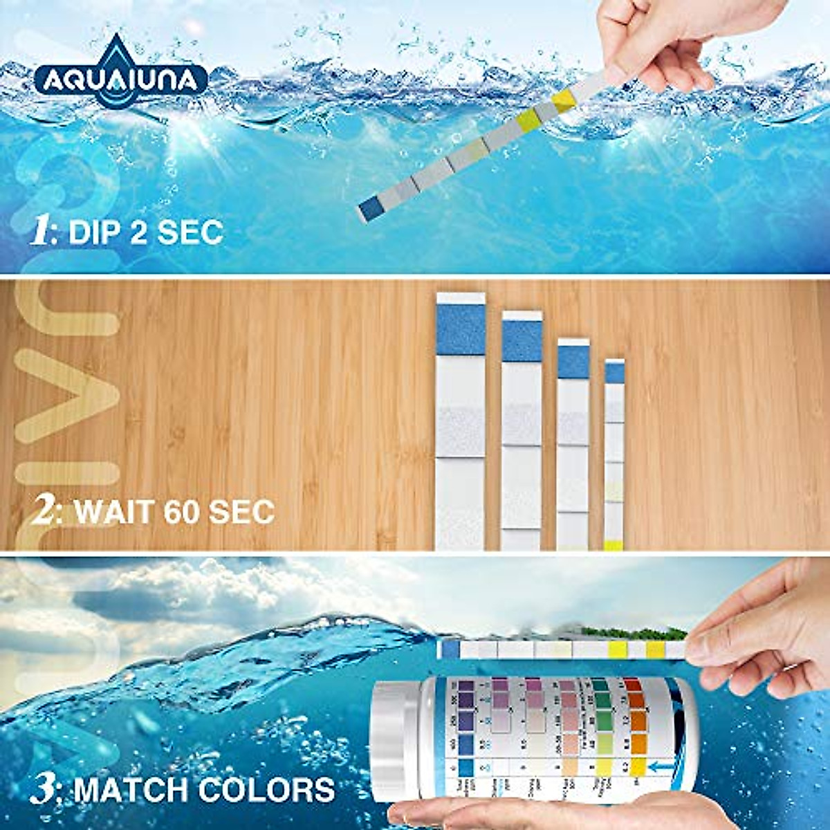 AQUALUNA Aquarium Test Strips 6 in 1 for Freshwater and Saltwater- Fish Tank Test Kit Monitoring Level of pH, Nitrate, Nitrite, General Hardness, Free Chlorine and Carbonate-100 Counts