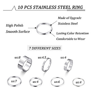 HAIAISO 10 Pcs Knuckle Rings Set Stainless Steel Ring Simple Smooth Finger Silver Stackable Rings Set for Women Plain Band Rings…