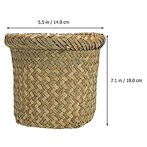 VOSAREA Vintage Waste Basket Natural Woven Waste Basket Rattan Laundry Hamper Flower Planter Pot for Rubbish Office Organizer