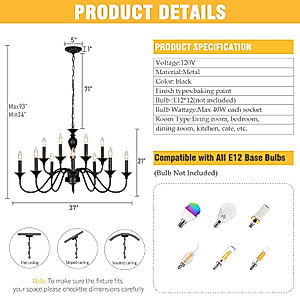 LIGHTDAMY Black Farmhouse Chandeliers for Dining Room Light Fixtures Over Table, 12 Light Industrial Candle Hanging Light Fixture for Living Room Kitchen Island Foyer Staircase