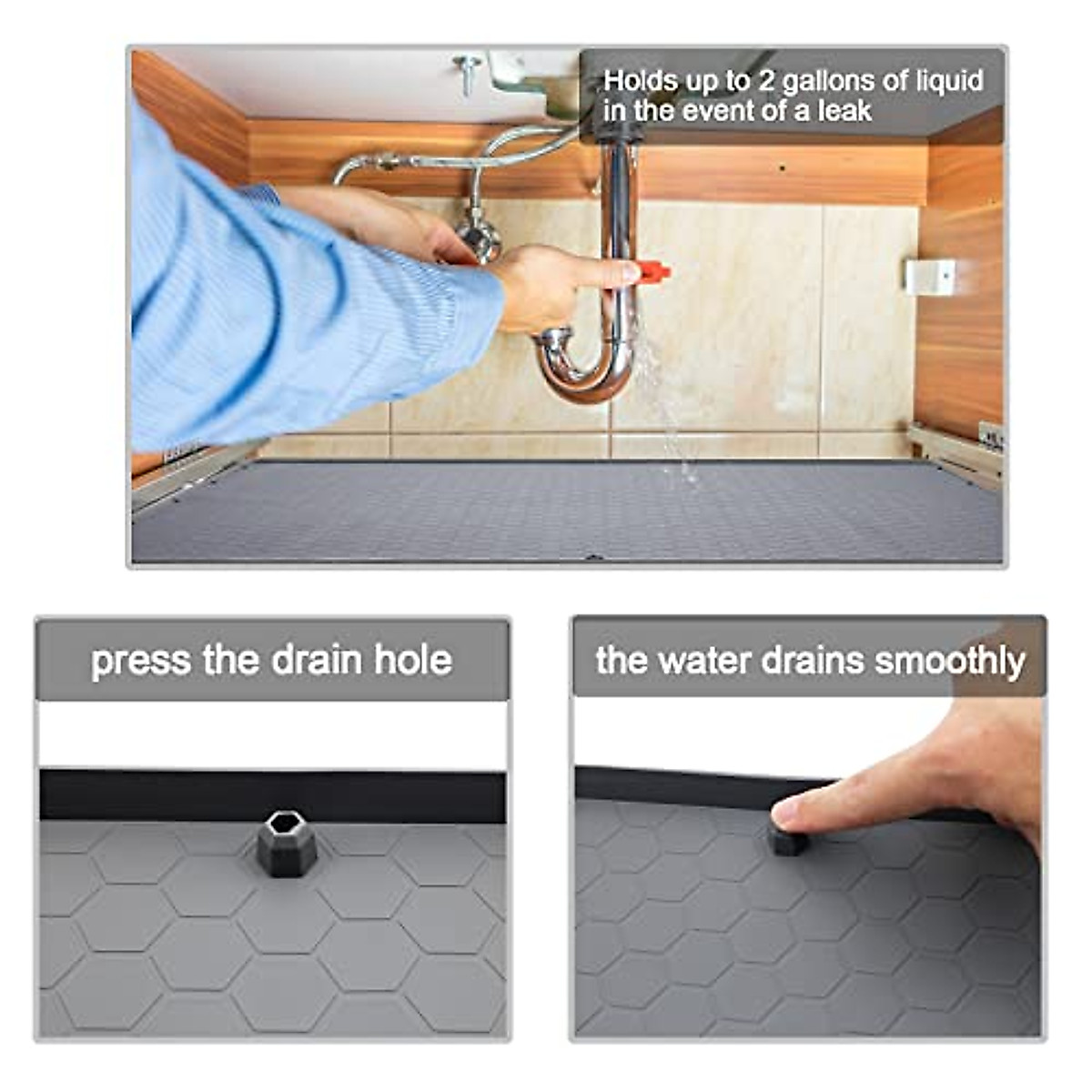 Under Sink Mat Tray,34" x 22" Silicone Under Sink Mat for Kitchen Cabinet,Waterproof Shelf Liner with Drain Hole,Kitchen Bathroom Cabinet Mat for Leaks, Drips, Spills (Grey)