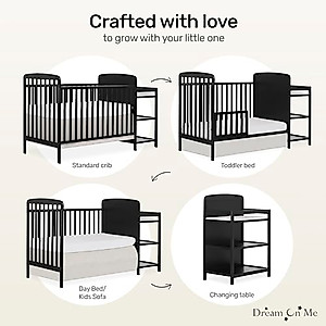 Dream On Me Anna 3-in-1 Full-Size Crib and Changing Table Combo in Black, Greenguard Gold Certified, Non-Toxic Finishes, Includes 1" Changing Pad, Wooden Nursery Furniture
