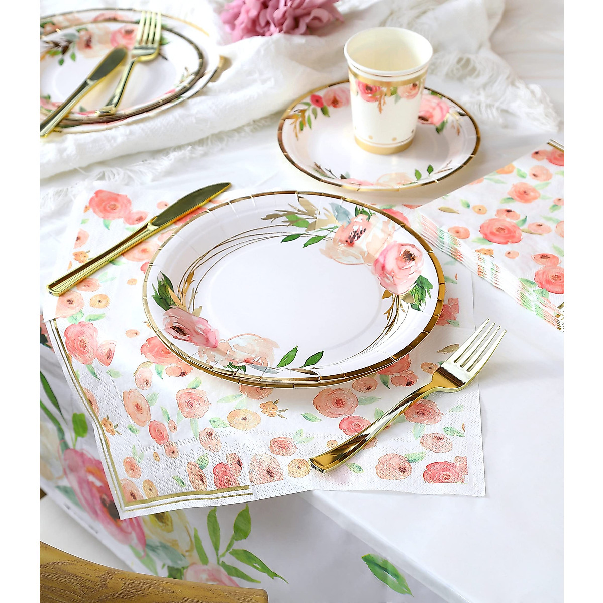 Floral Paper Plates and Napkins Party Supplies - Serves 16 - Flower Plates Floral Party Cups Knifes Forks Floral Baby Shower Decorations for Girl Pink and Gold Bridal Shower Tea Party Birthday