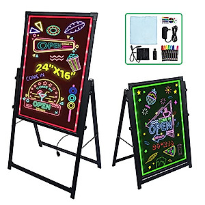 Hosim Standing A-Frame LED Message Writing Board, 24” x 16" Illuminated Erasable Neon Effect Restaurant Menu Sign, Flashing Mode DIY Message Chalkboard for Kitchen Wedding Promotions